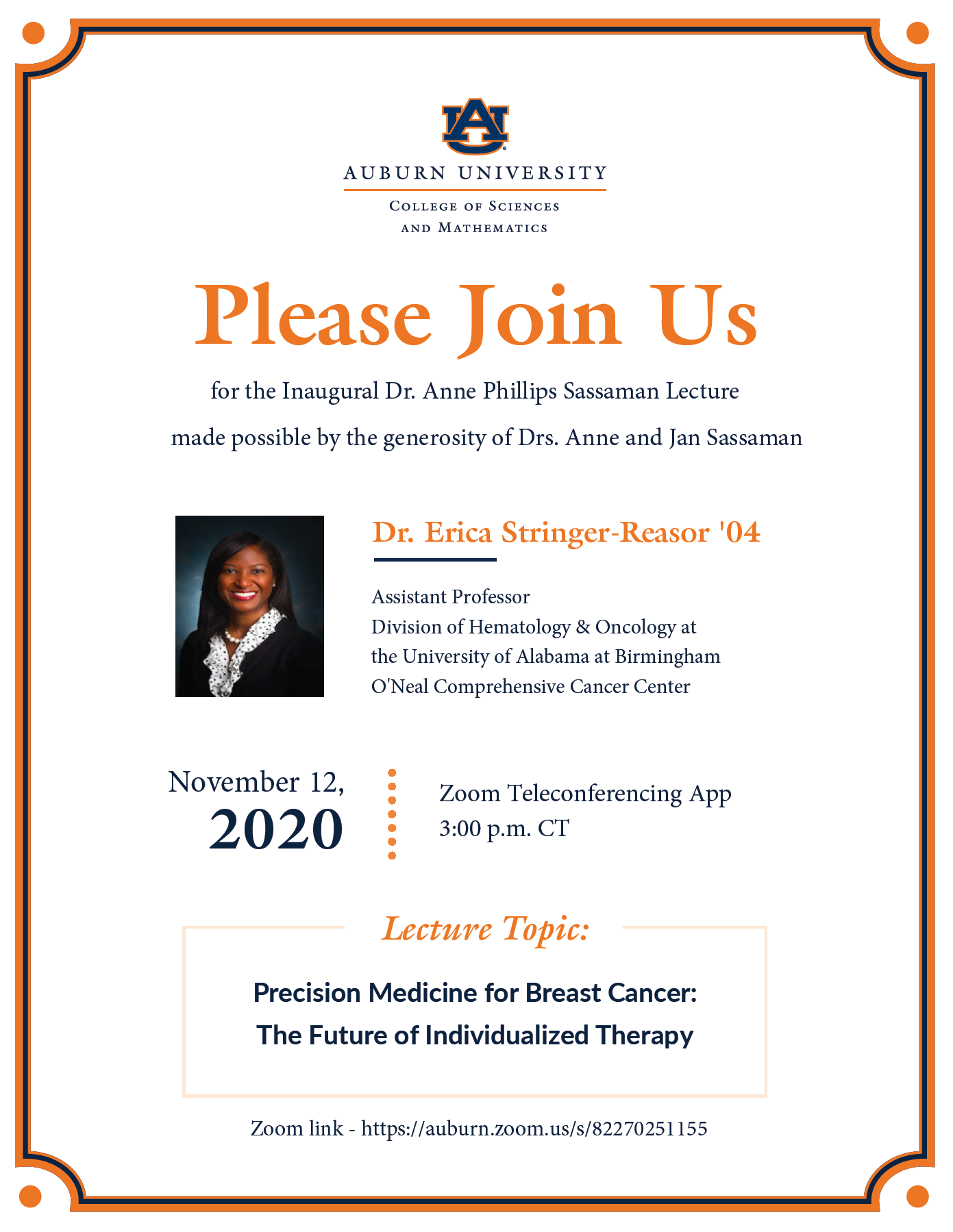 Please join us for the Inaugural Dr. Anne Phillips Sassaman Lecture ...